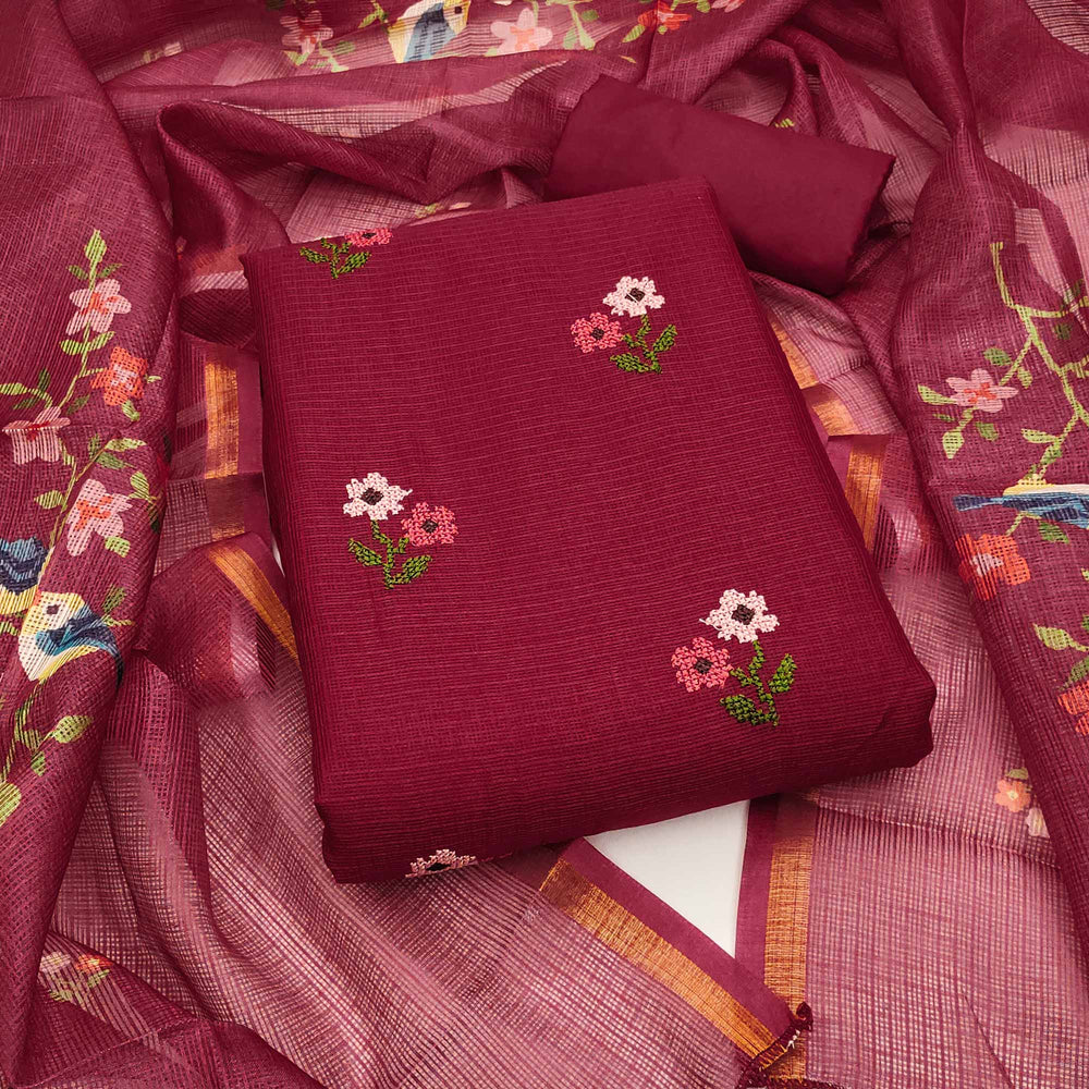 Unstitched Maroon Suit Set in Soft Kota Doria Adorned with Floral Embr
