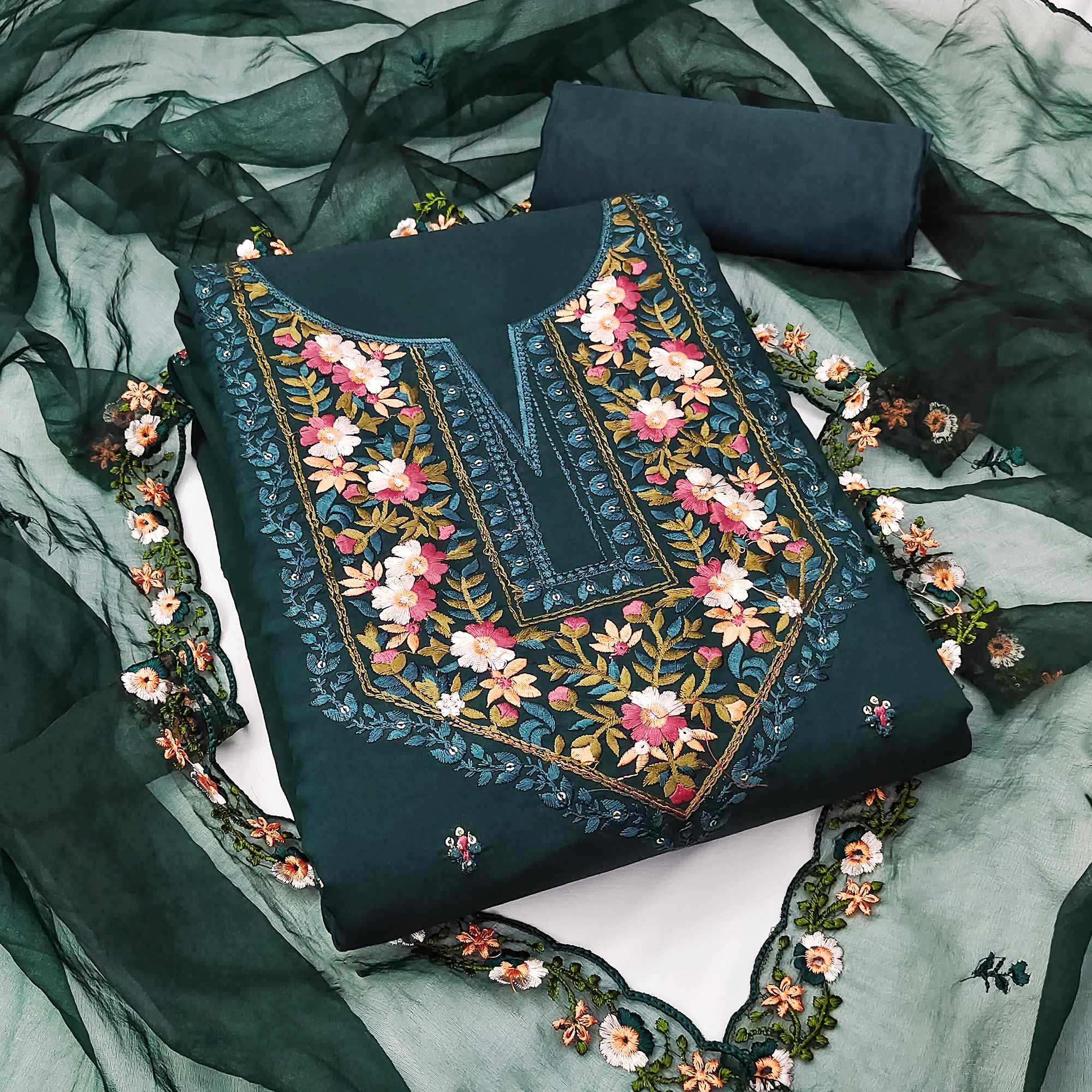 Morpich Green Floral Embroidered Viscose Dress Material