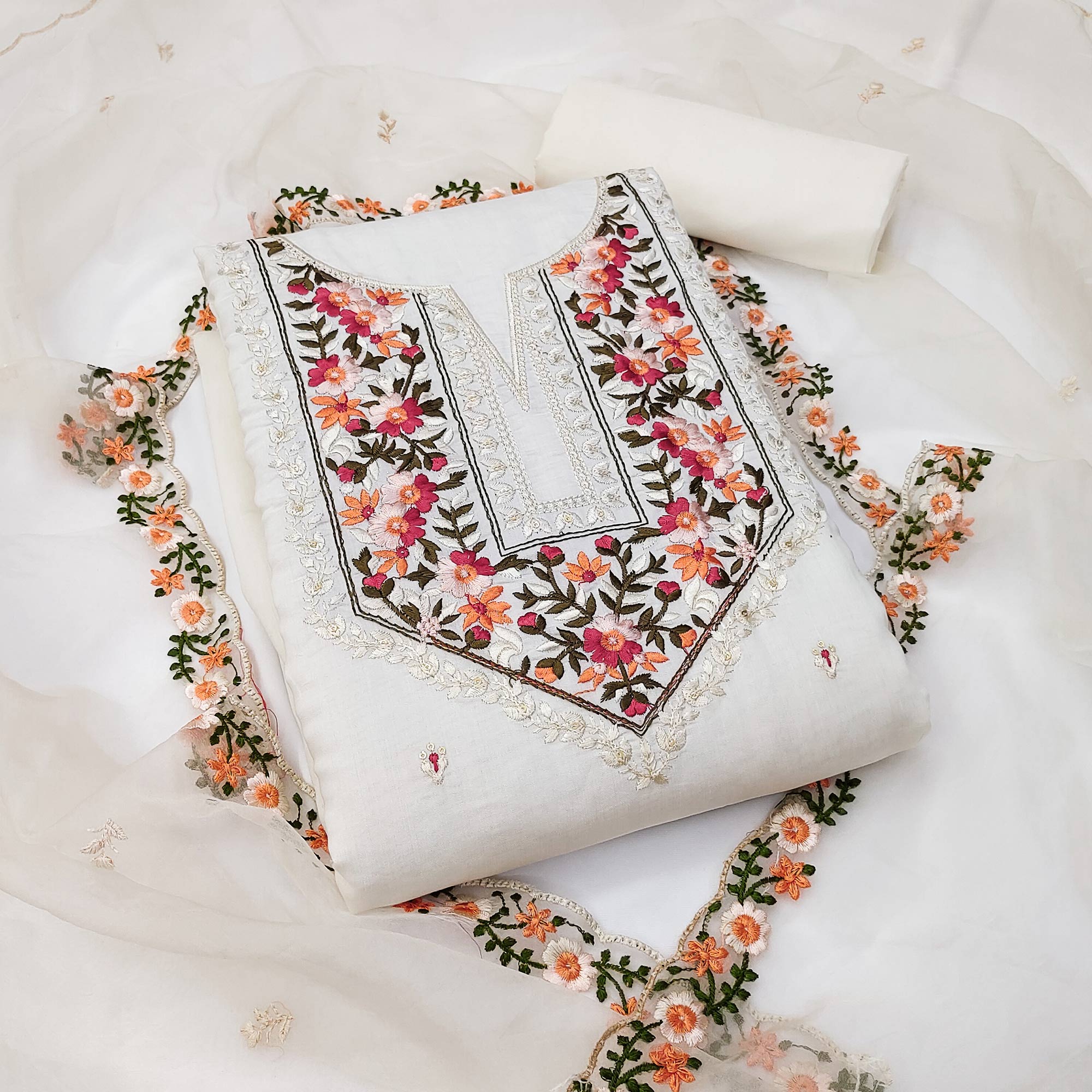 White Floral Embroidered Viscose Dress Material