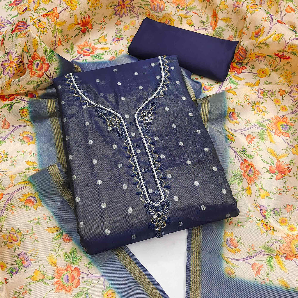 Blue Zari Work Woven Net Dress Material