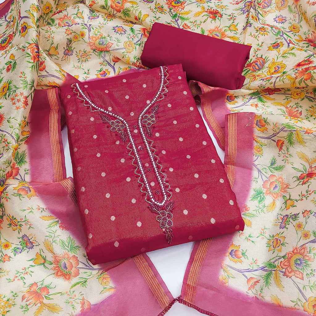 Pink Zari Work Woven Net Dress Material