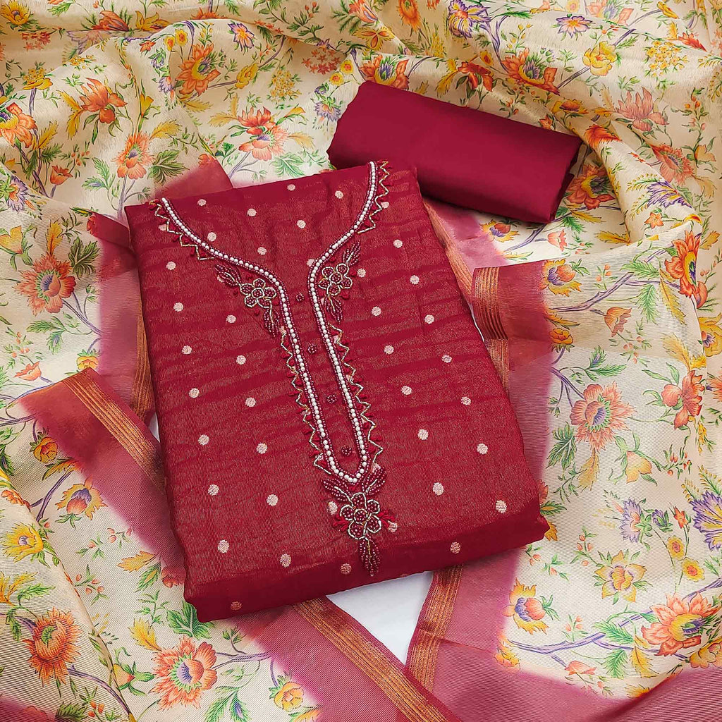 Red Zari Work Woven Net Dress Material