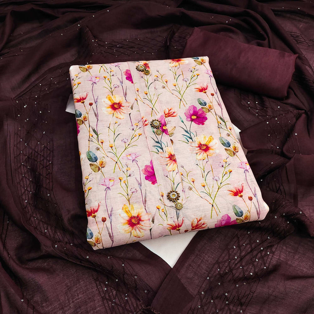 Brownish Maroon Linen Fabric with Serene Floral Patterns for Casual Lo