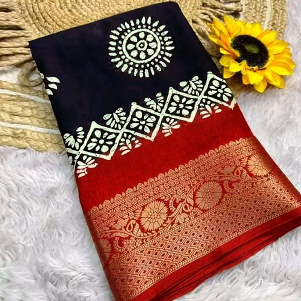Exclusive Black Batik Printed Saree in Soft Dola Silk Fabric with Intr