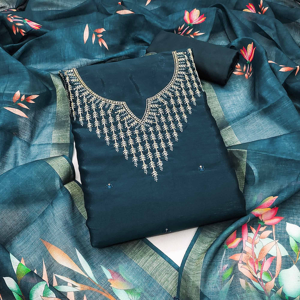 Festive Teal Floral Embroidered Art Silk Dress Material with Fine Thre