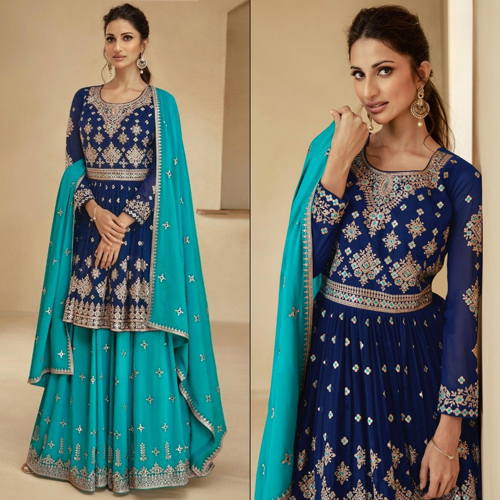 Navy Blue & Rama Green Embroidered Georgette Semi Stitched Sharara Sui