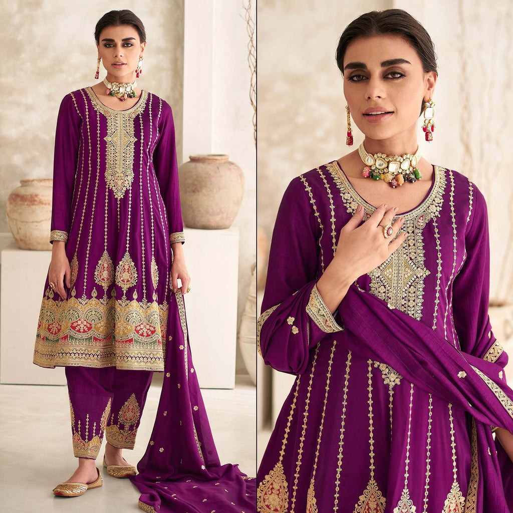 Wine Sequins Embroidered Georgette Semi Stitched Anarkali Suit