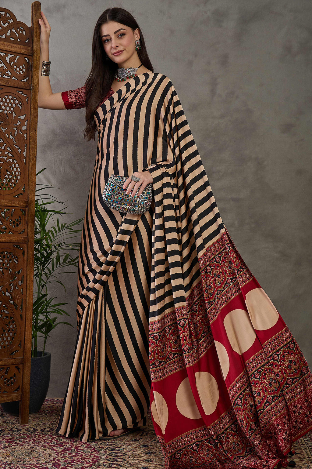 Black Modal Satin Saree with Subtle Stripe Design and Ajrakh Print on