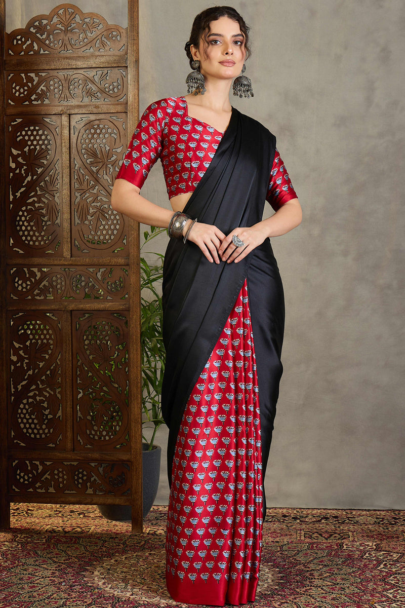 Red Solid Modal Satin Saree Highlighted with Classic Ajrakh Pallu Desi