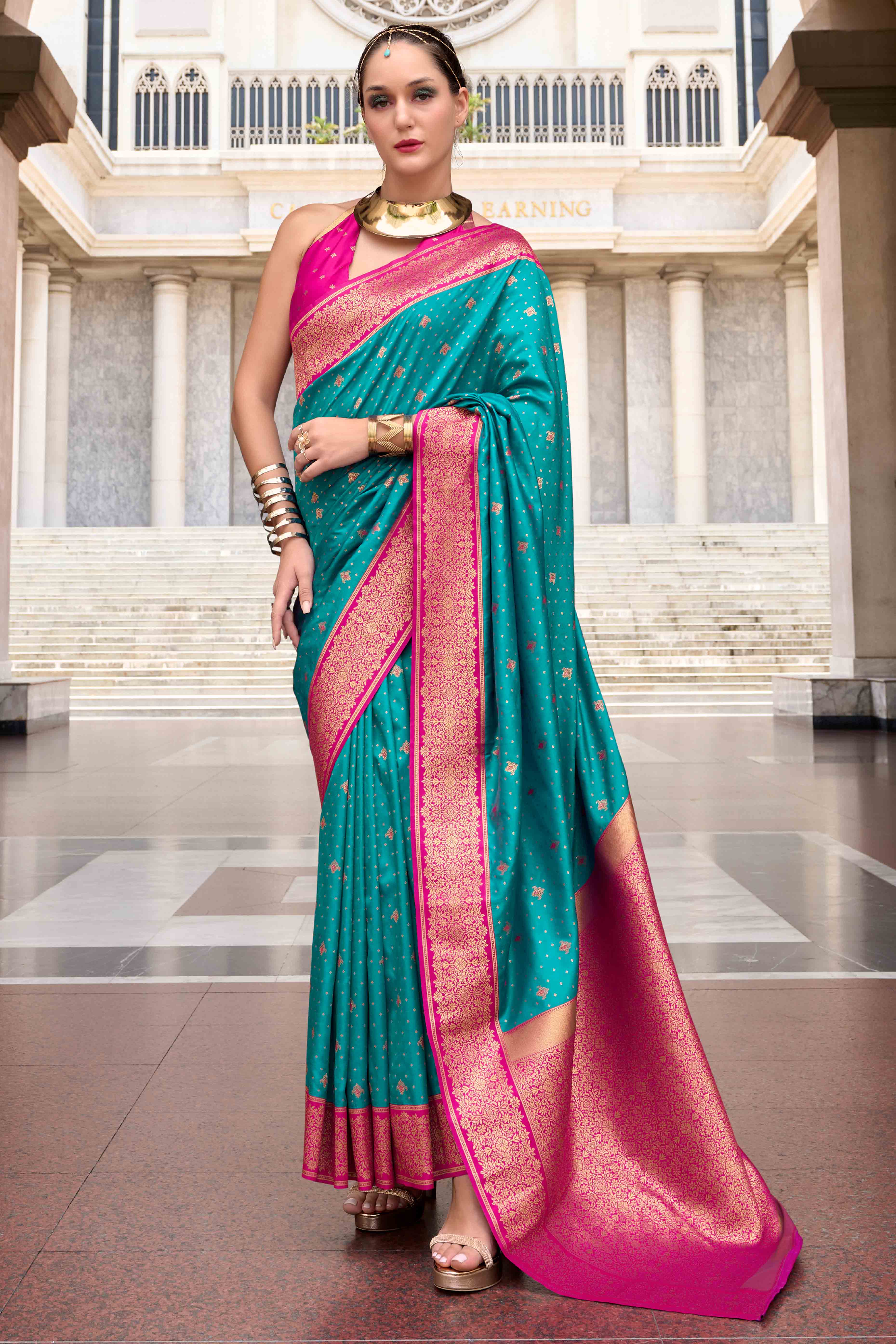 Rama Blue Floral Woven Pure Silk Saree
