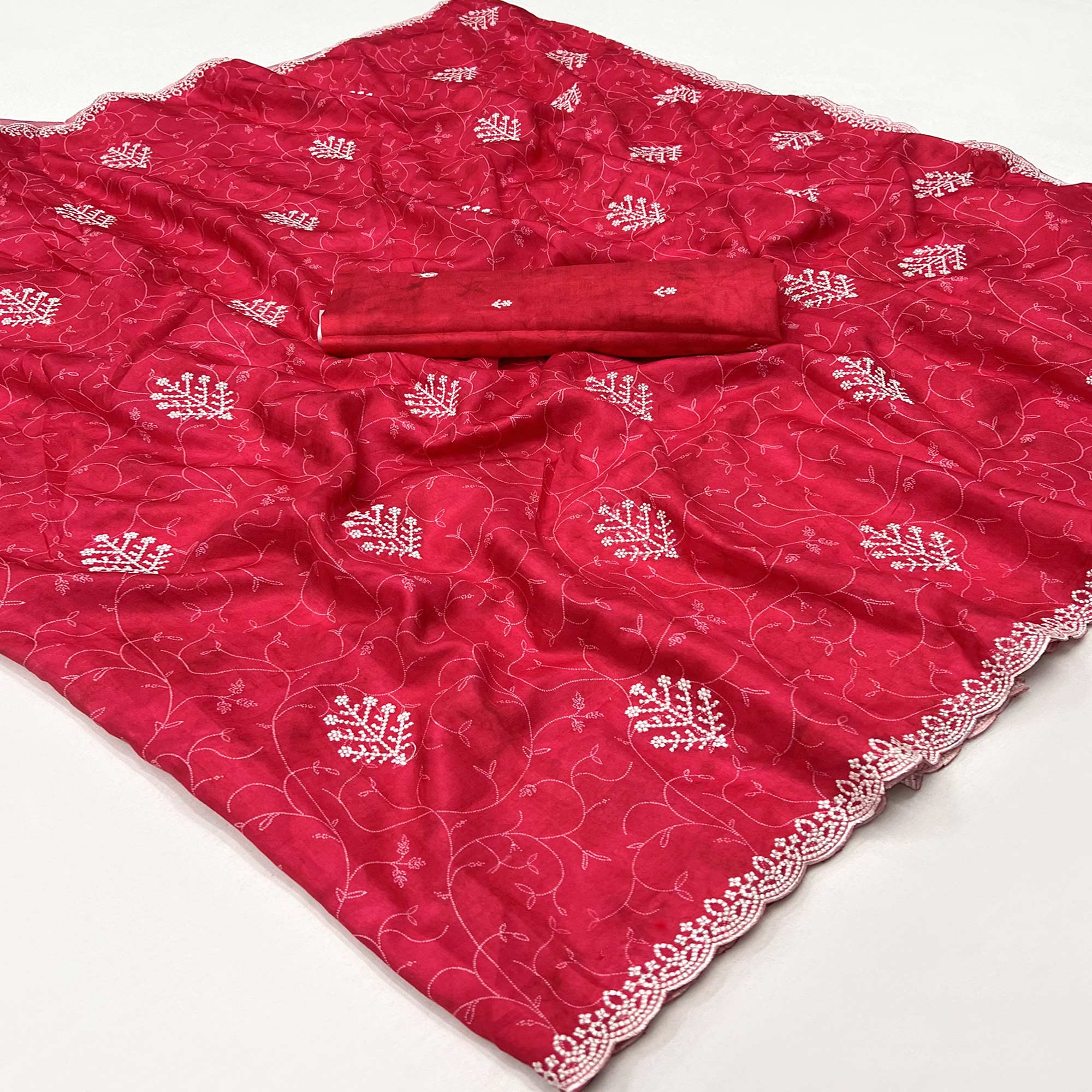 Gajari Red Floral Embroidered Dola Silk Saree