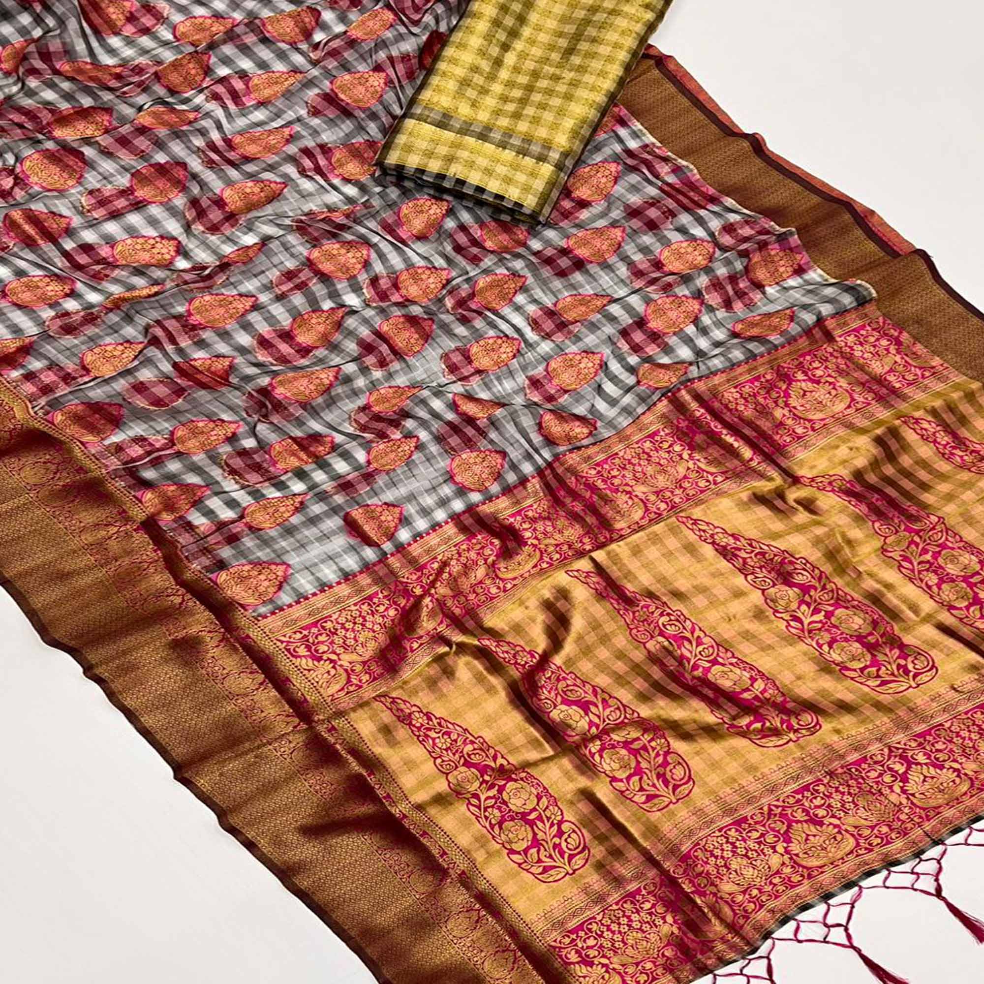 Rani Pink Checks Woven Organza Saree With Tassels