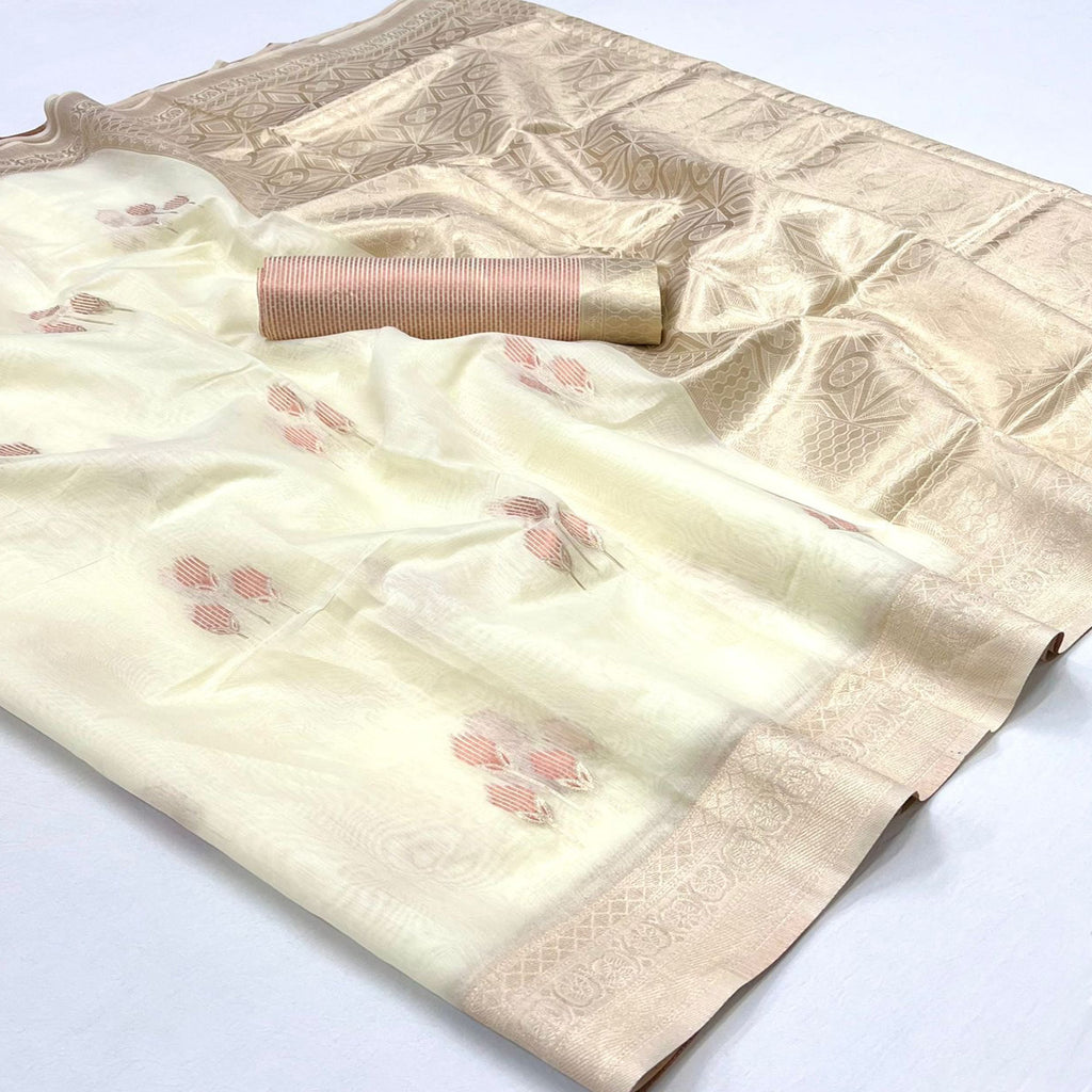Off White Zari Woven Linen Saree