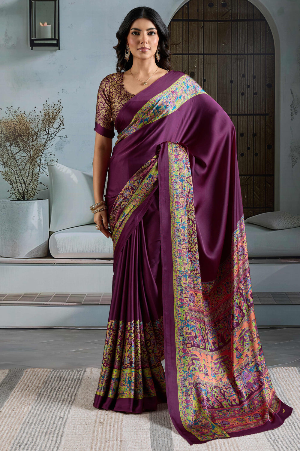 Classic Wine Solid Modal Satin Saree With Multicolor Traditional Folk