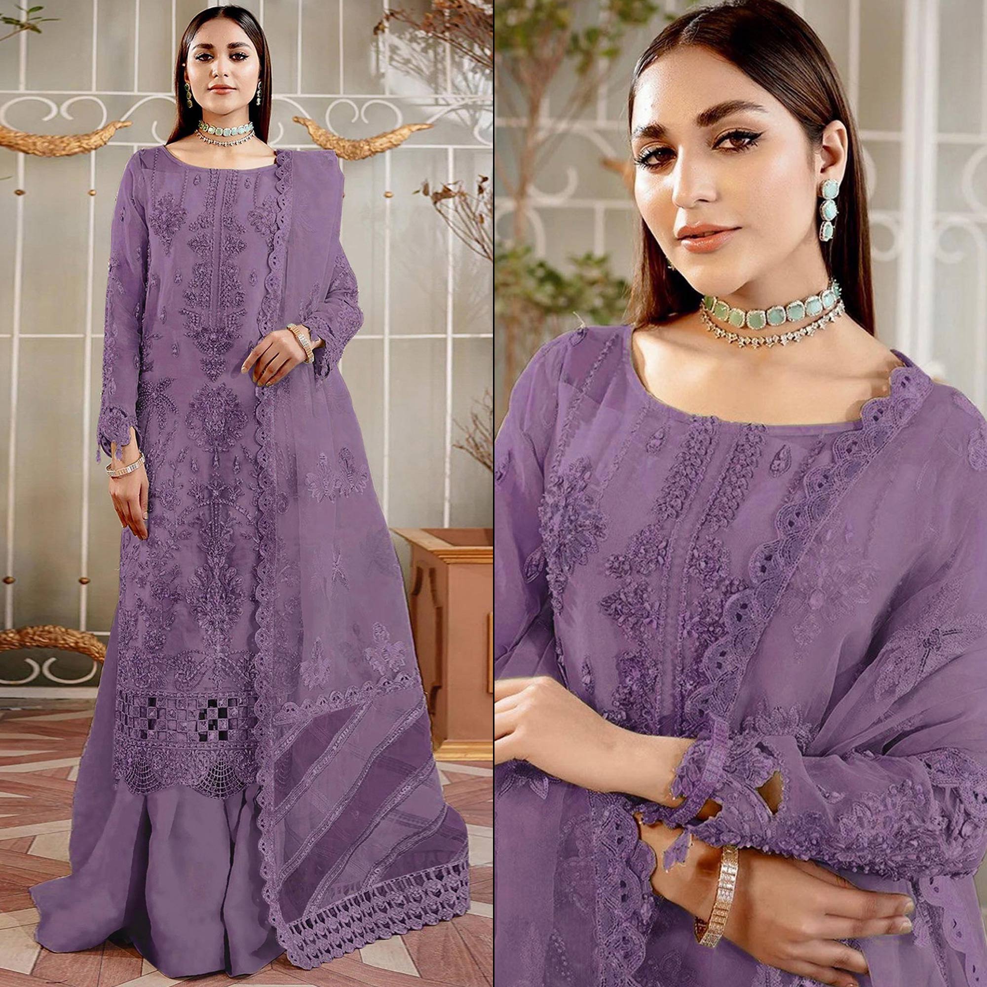 Purple Floral Sequins Embroidered Organza Semi Stitched Pakistani Suit