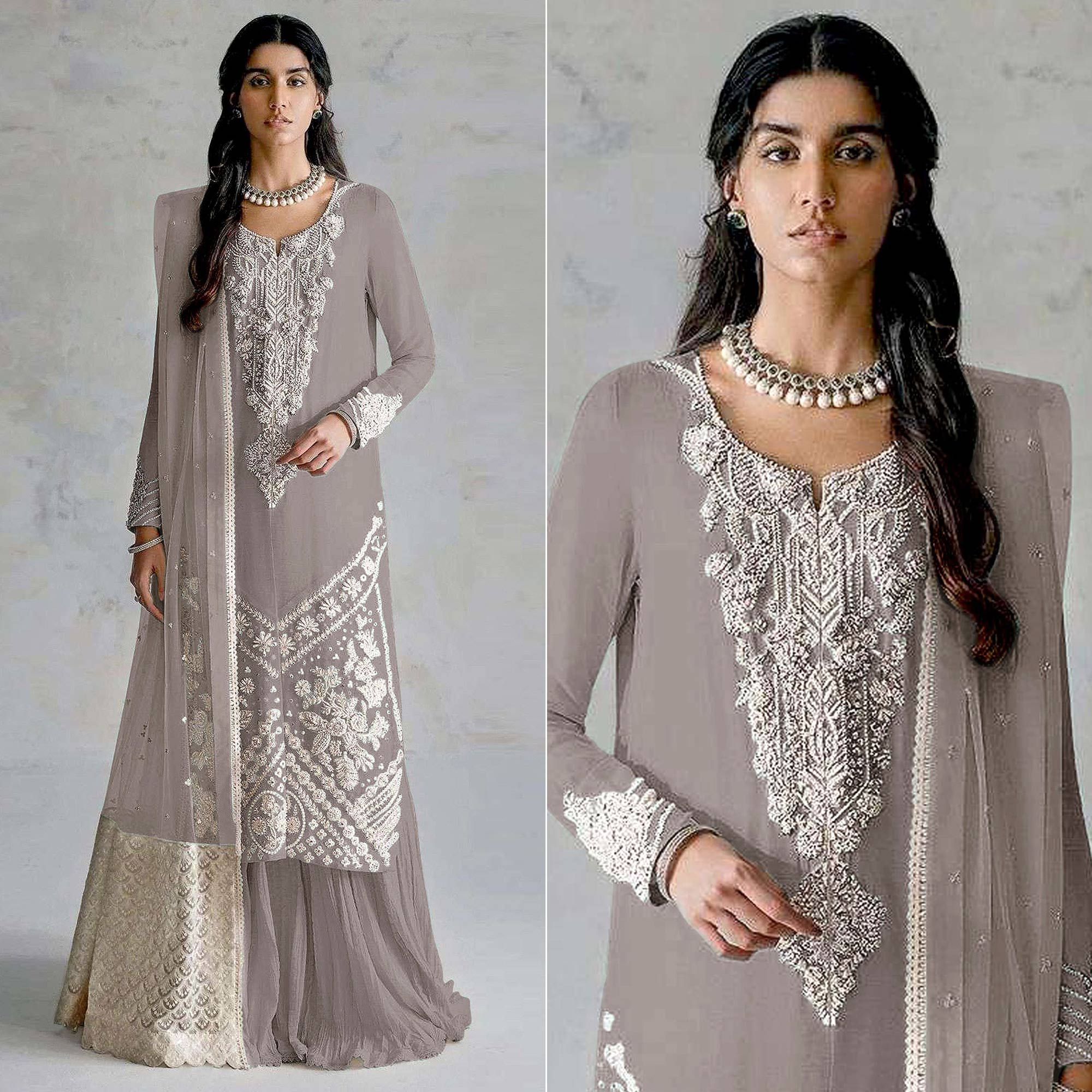Light Grey Embroidered Georgette Pakistani Dress Material