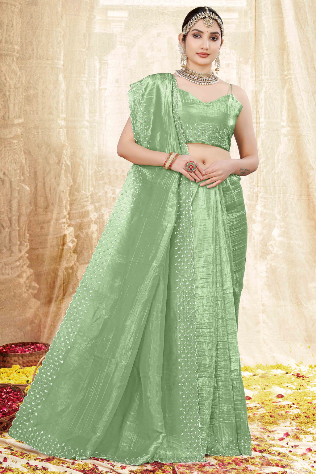 Green Zarkan Diamond Work Tissue Gold Crush Saree