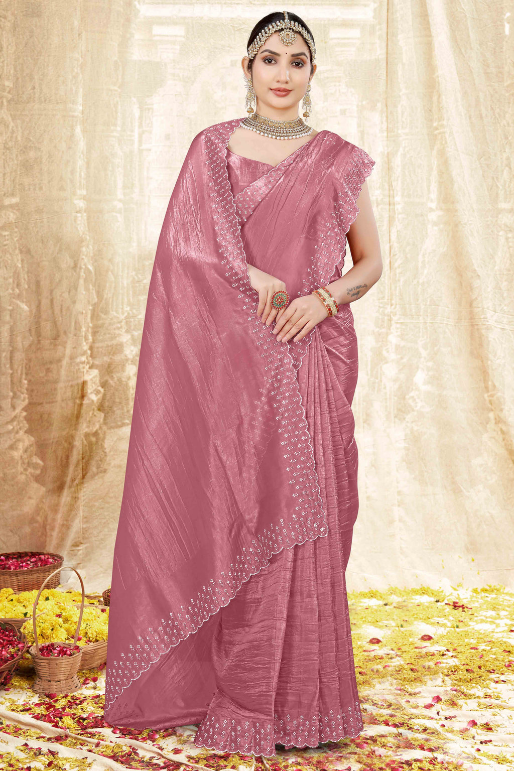Dusty Pink Zarkan Diamond Work Tissue Gold Crush Saree