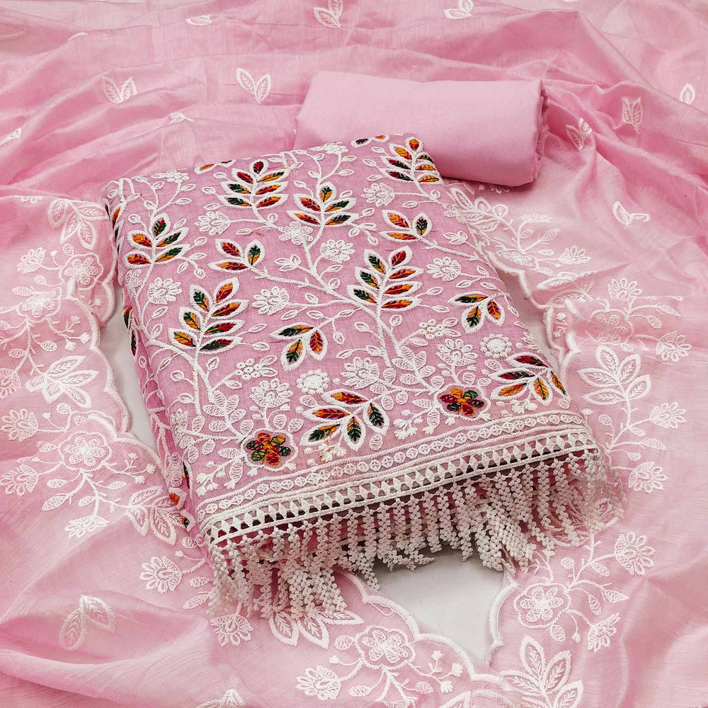 Pink Chanderi Silk Dress Material With Exquisite Floral Thread Embroid