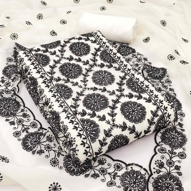 Classic Cream Floral Thread Embroidered Georgette Dress Material With