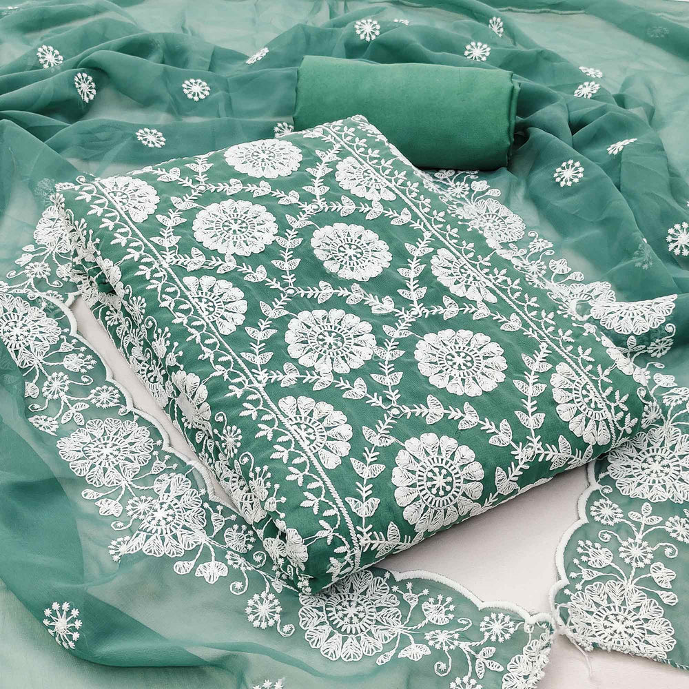 Classic Dark Mint Green Floral Thread Embroidered Georgette Dress Mate