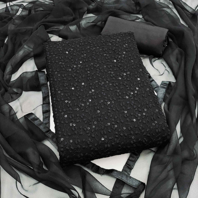 Stylish Black Thread Embroidered With Sequins Work Georgette Dress Mat