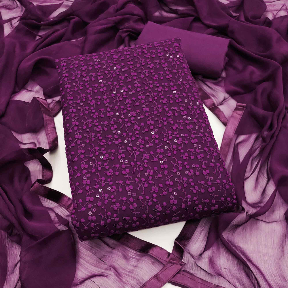 Stylish Wine Thread Embroidered With Sequins Work Georgette Dress Mate