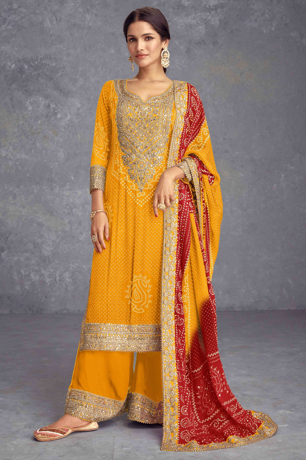 Mustard Bandhani Digital Print With Sequins & Mirror Work Chinon Palaz