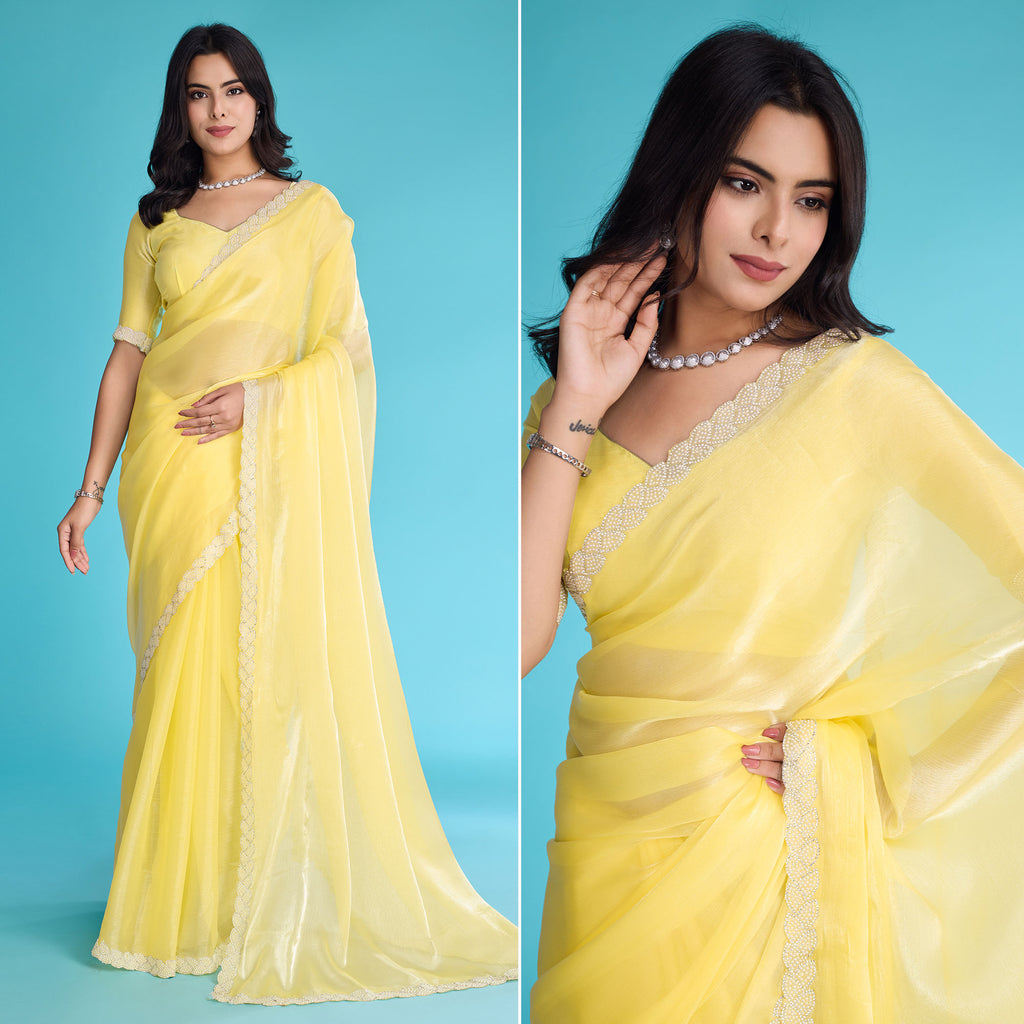 Yellow Solid With Zarkan & Ceramic Pearl Diamond Lace Tissue Saree