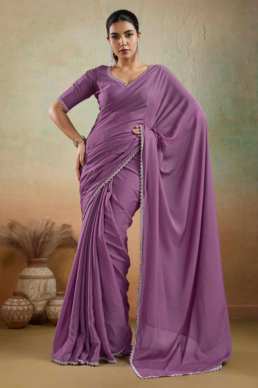 Orchid Purple Solid Matt Georgette Saree With Ceramic Embellished Lace