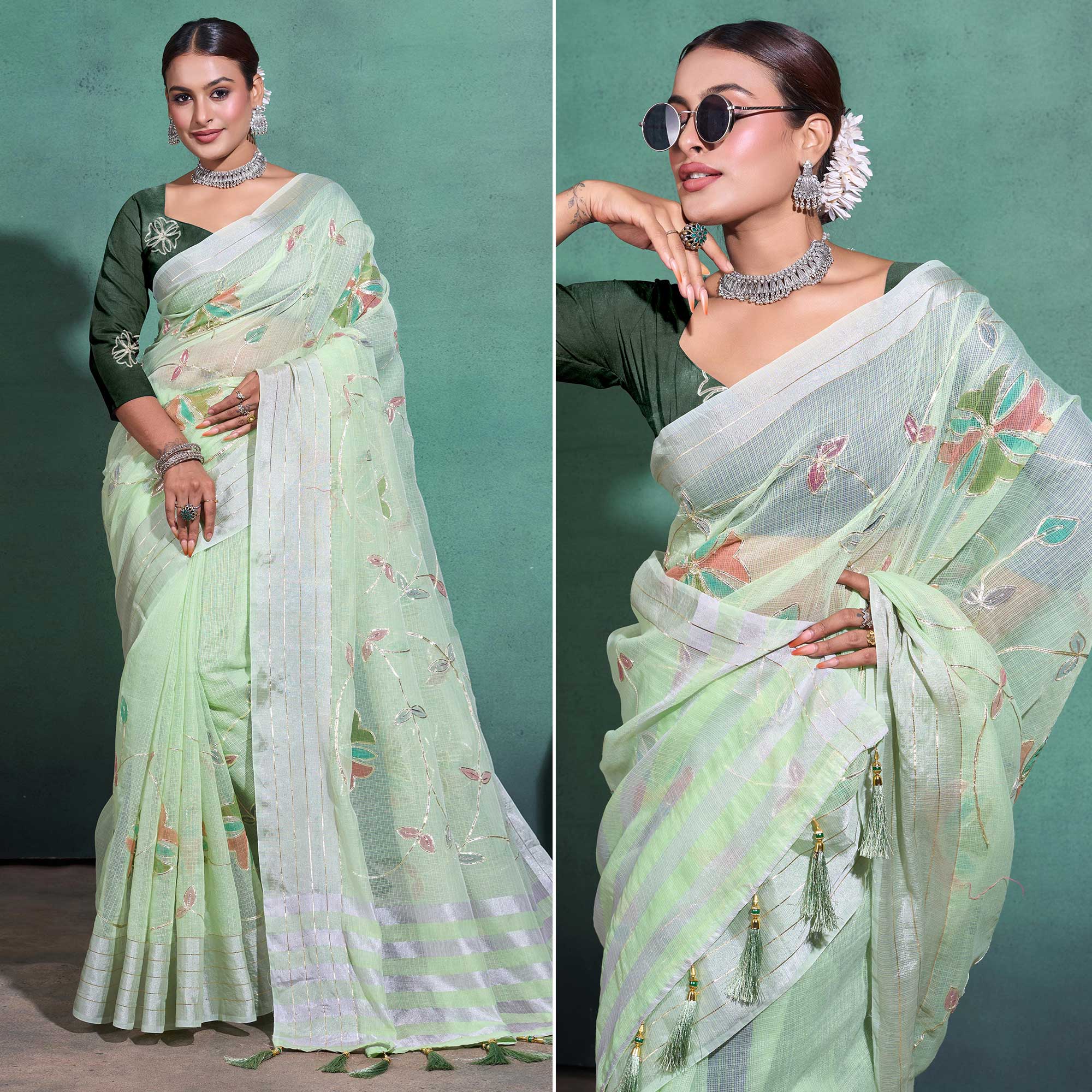 Green Gota patti Embroidered Linen Saree With Tassels