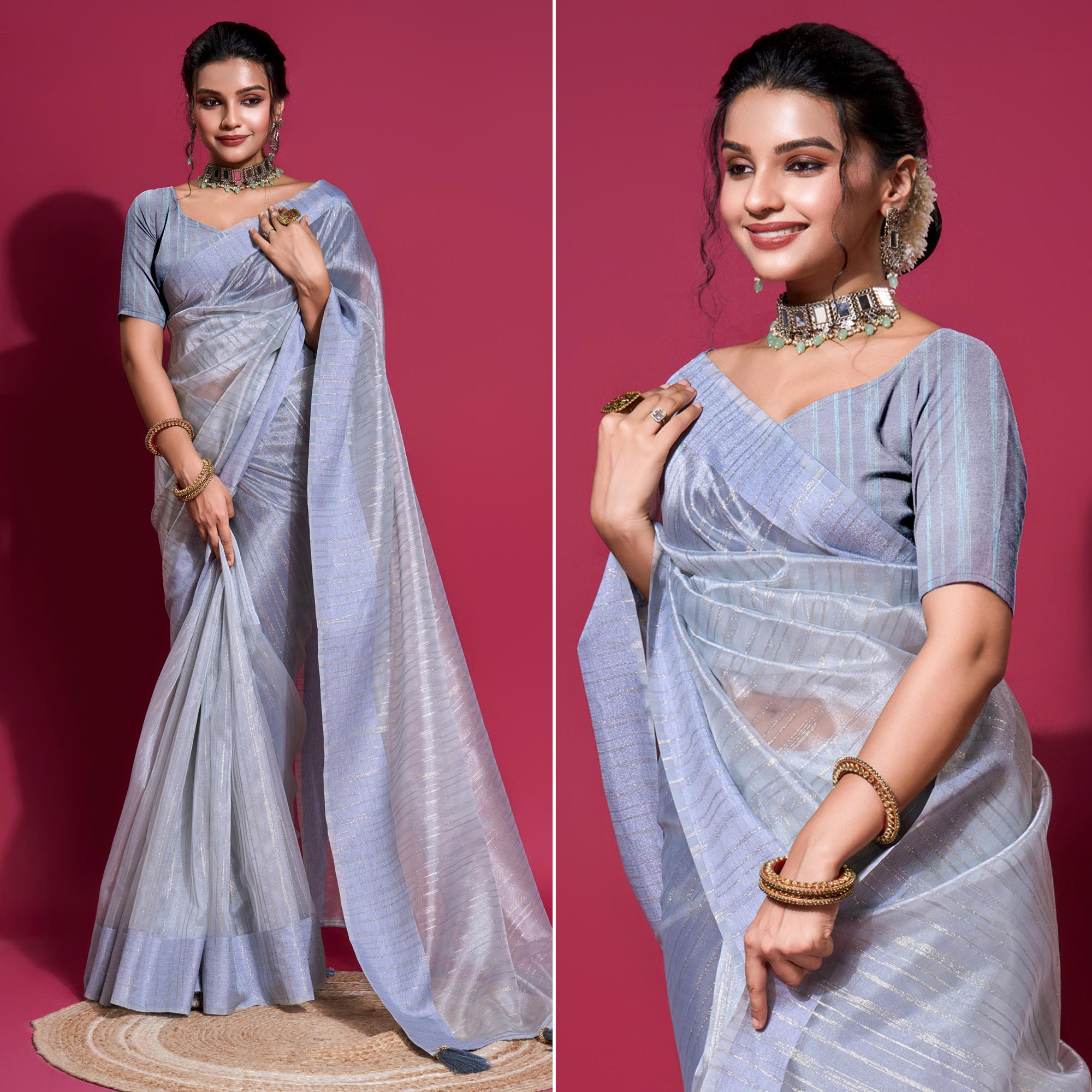 Blue Woven Organza Zari Saree With Tassels