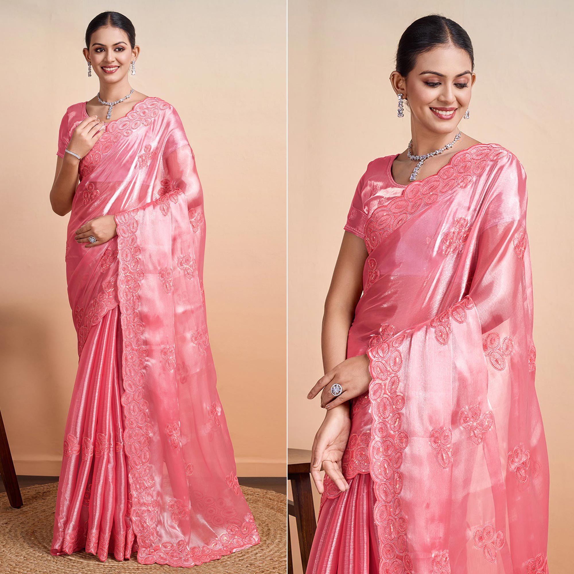 Gajri Pink Sequins Embroidered Organza Saree