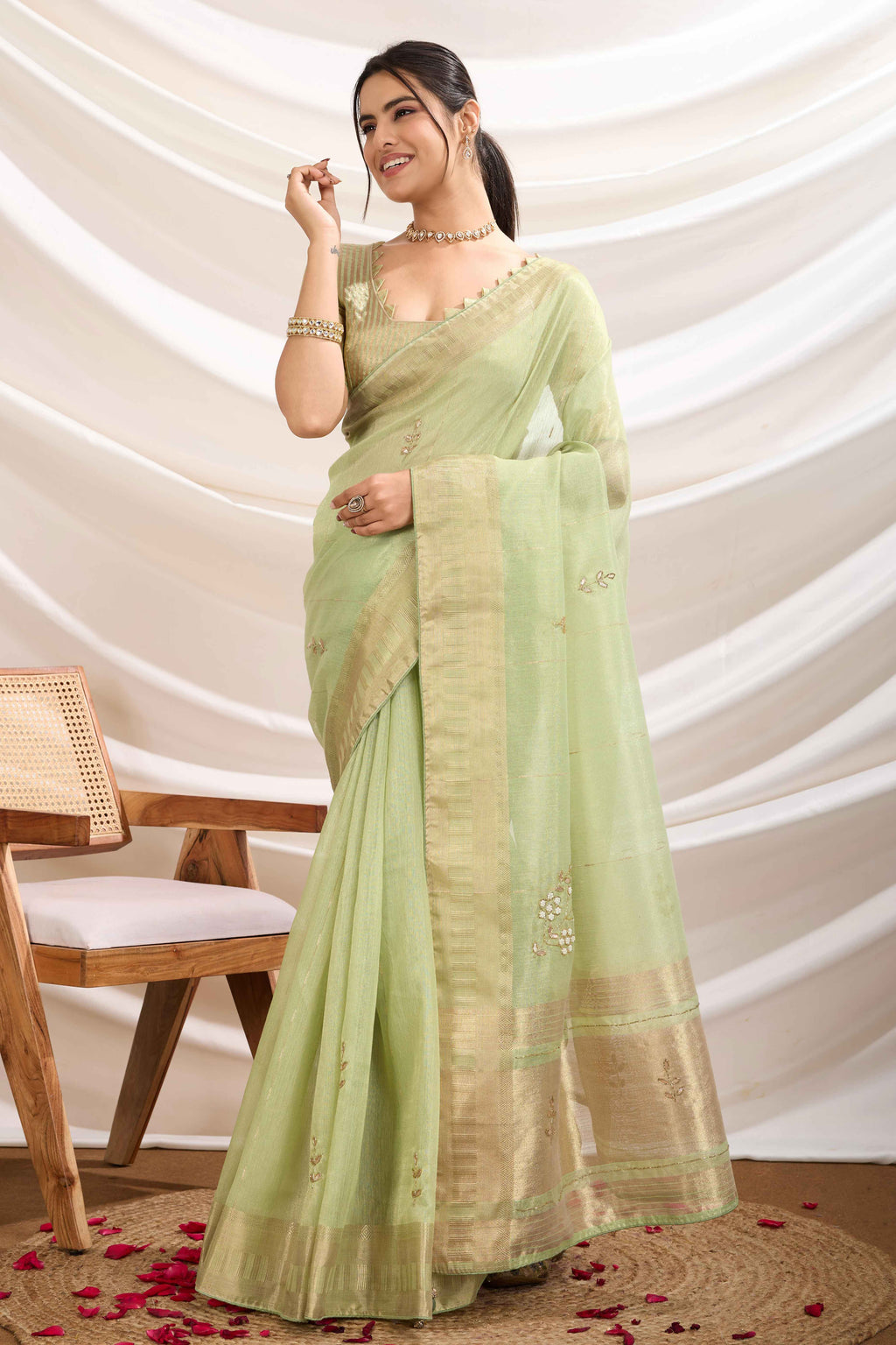 Green Linen Tissue Saree With Hand-Stitched Moti & Cutdana Work