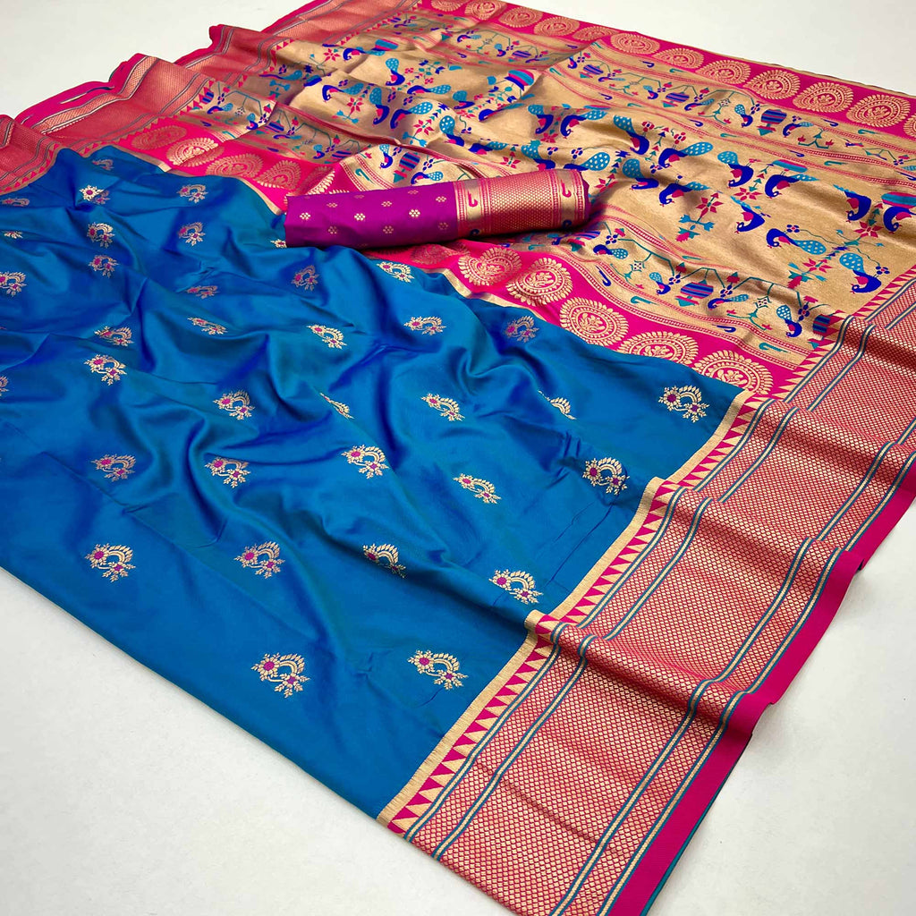 Morpich Blue Floral Woven Pure Silk Saree
