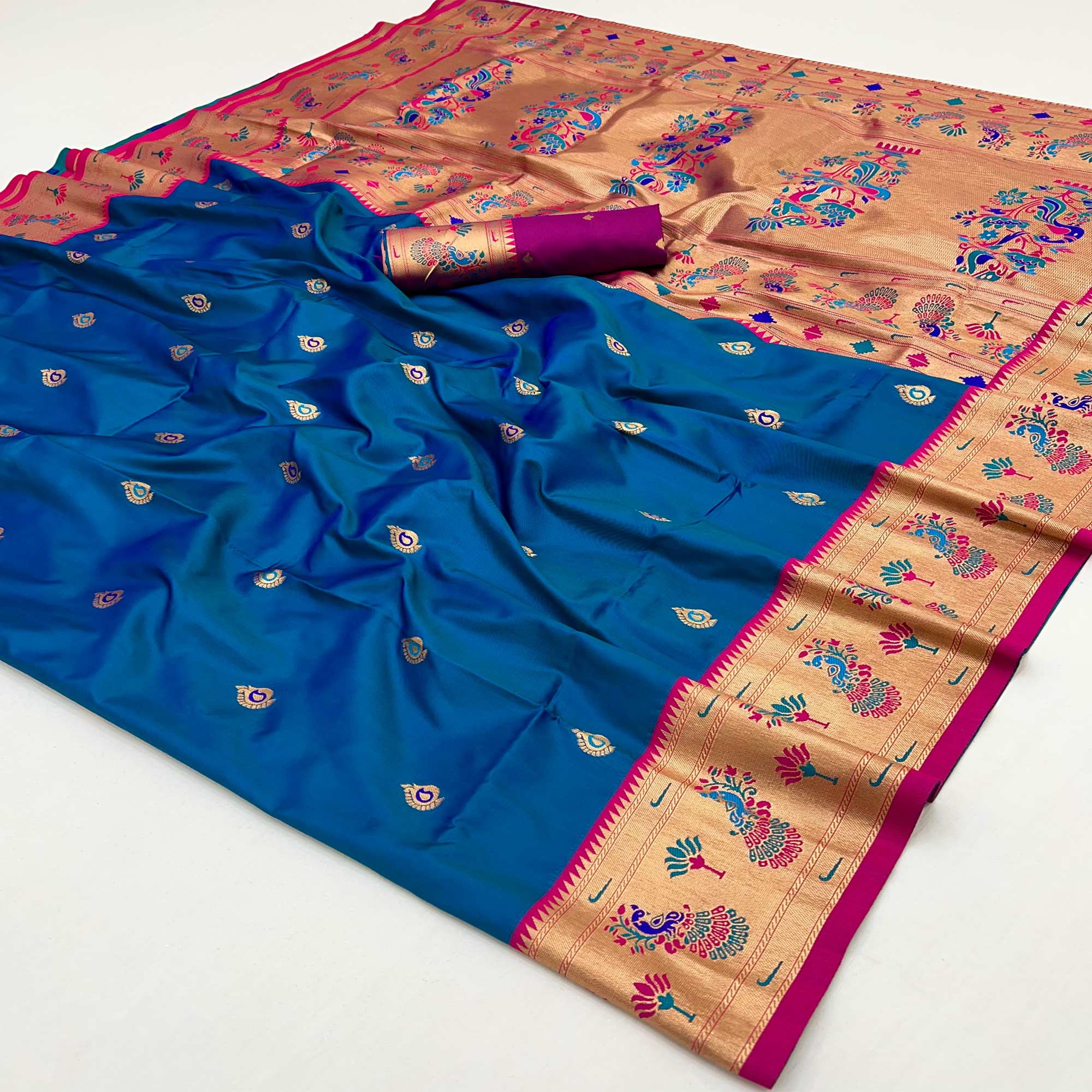 Morpich Blue Floral Woven Pure Silk Paithani Saree