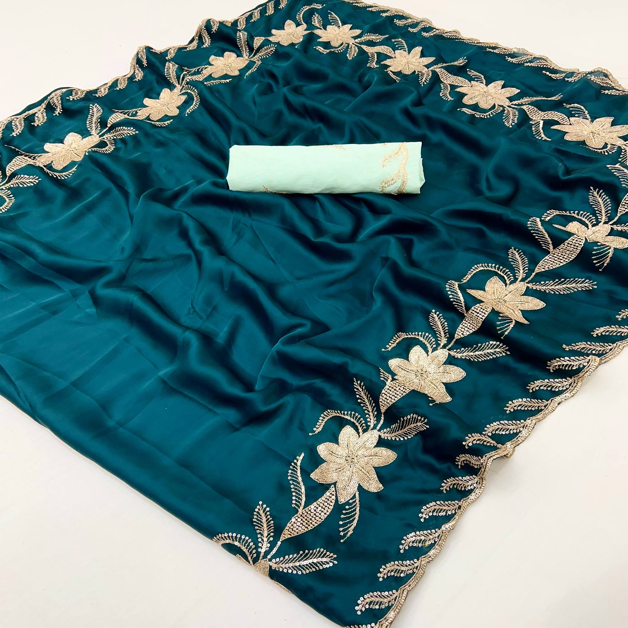 Teal Sequins Work Embroidered Satin Saree for Special Occasions