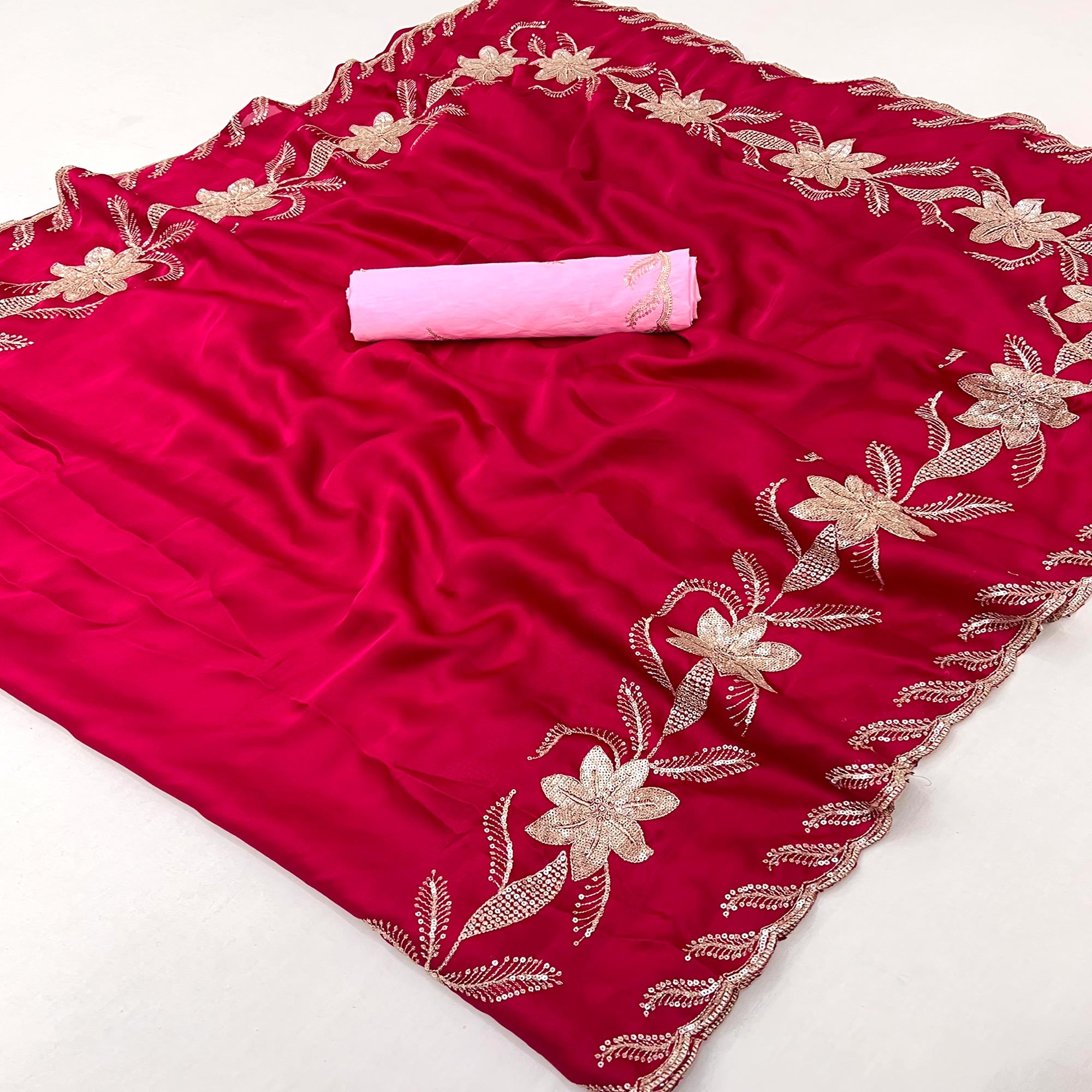 Pink Sequins Work Embroidered Satin Saree for Special Occasions
