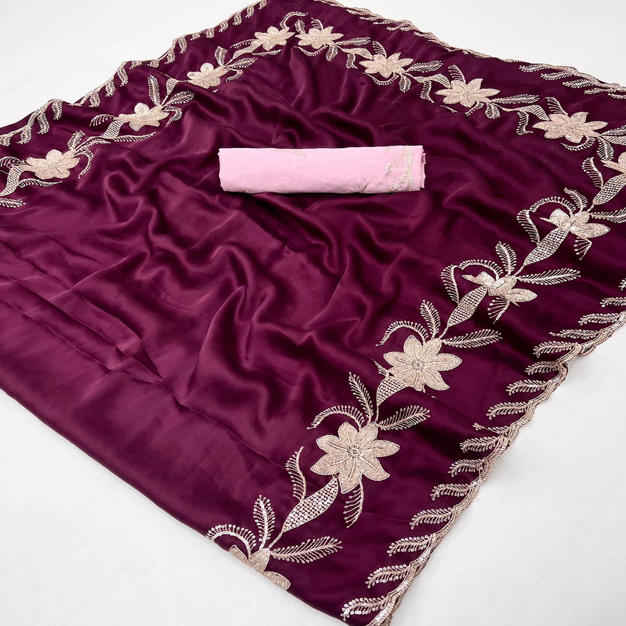 Wine Sequins Work Embroidered Satin Saree for Special Occasions
