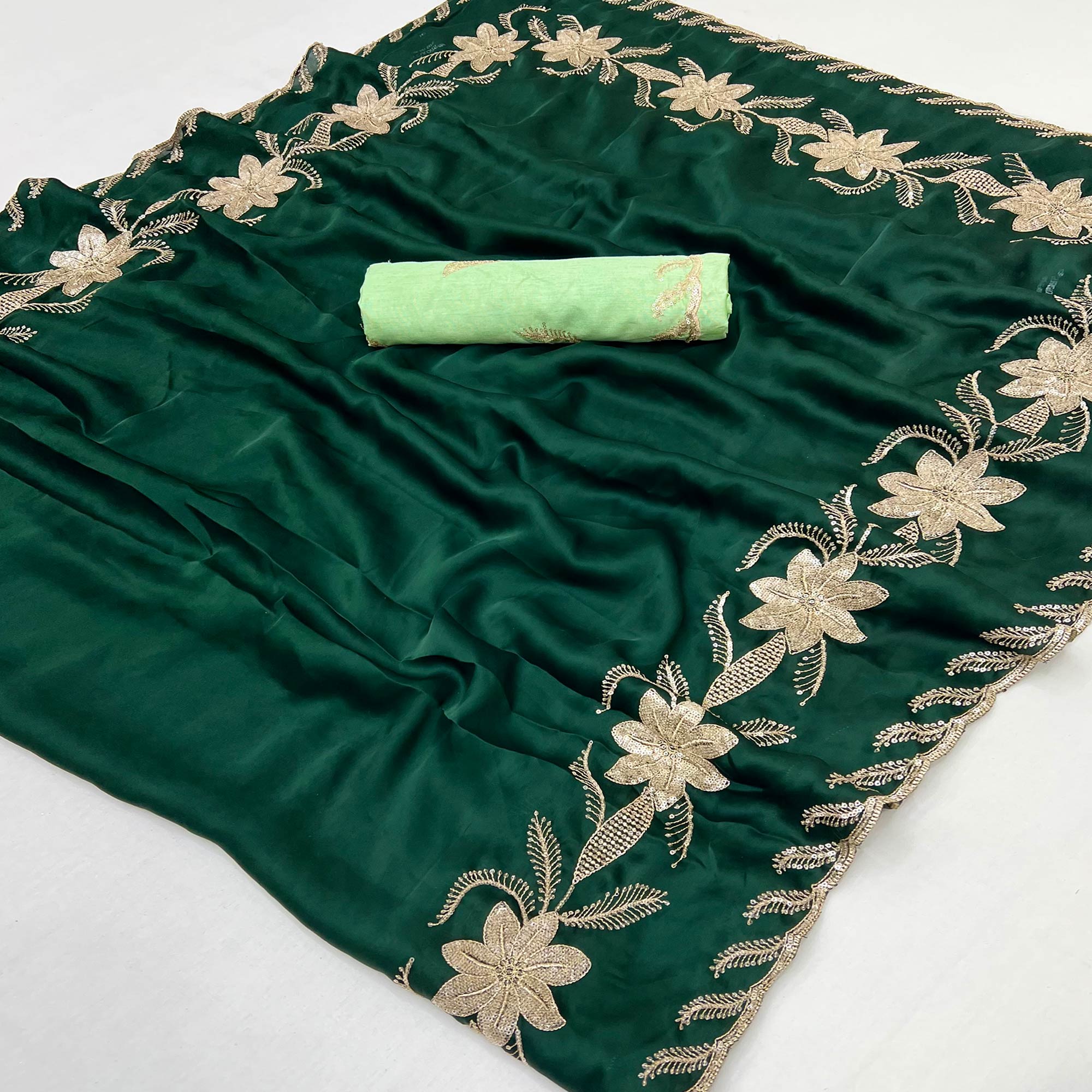 Green Sequins Work Embroidered Satin Saree for Special Occasions