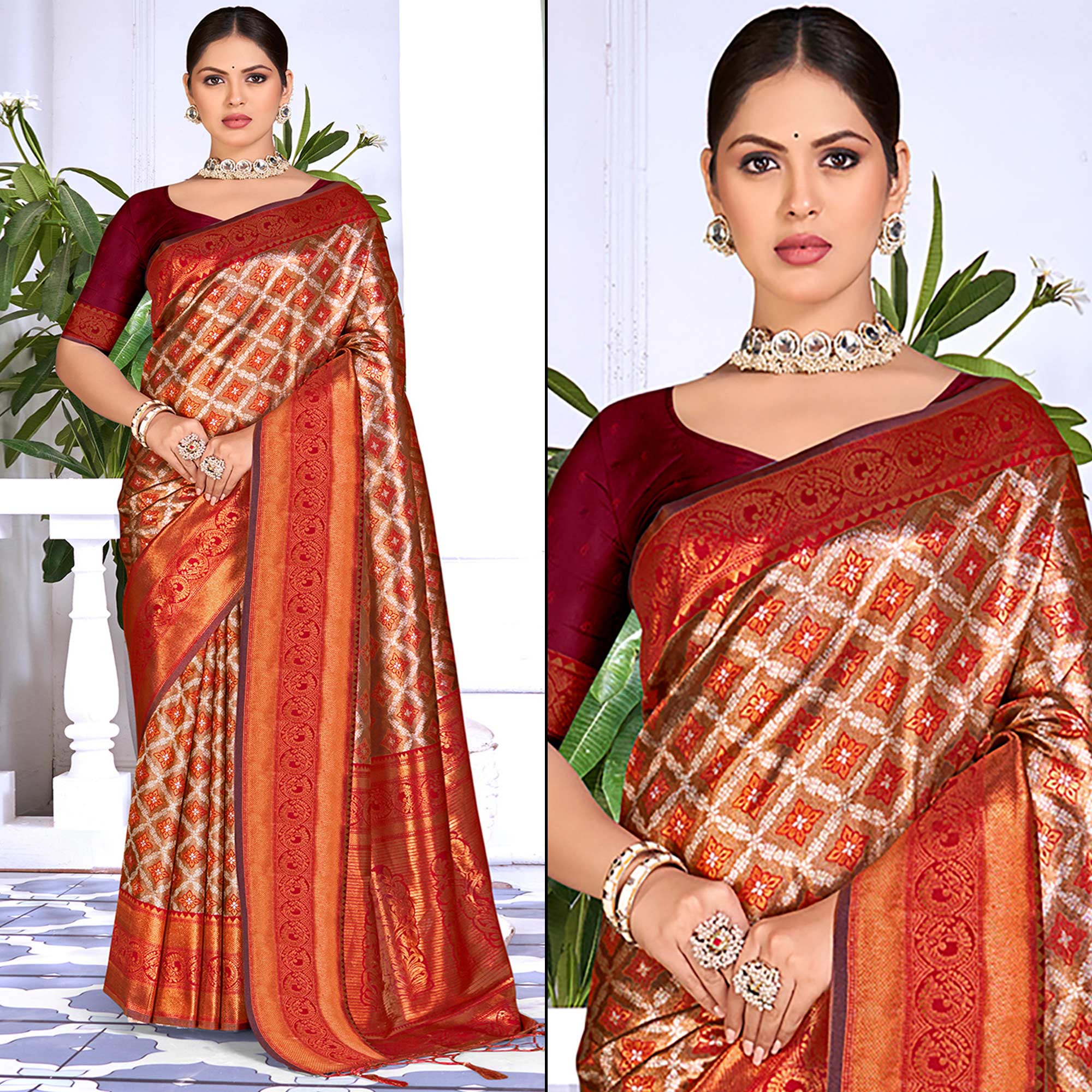Rust Woven Cotton Silk Saree With Tassels