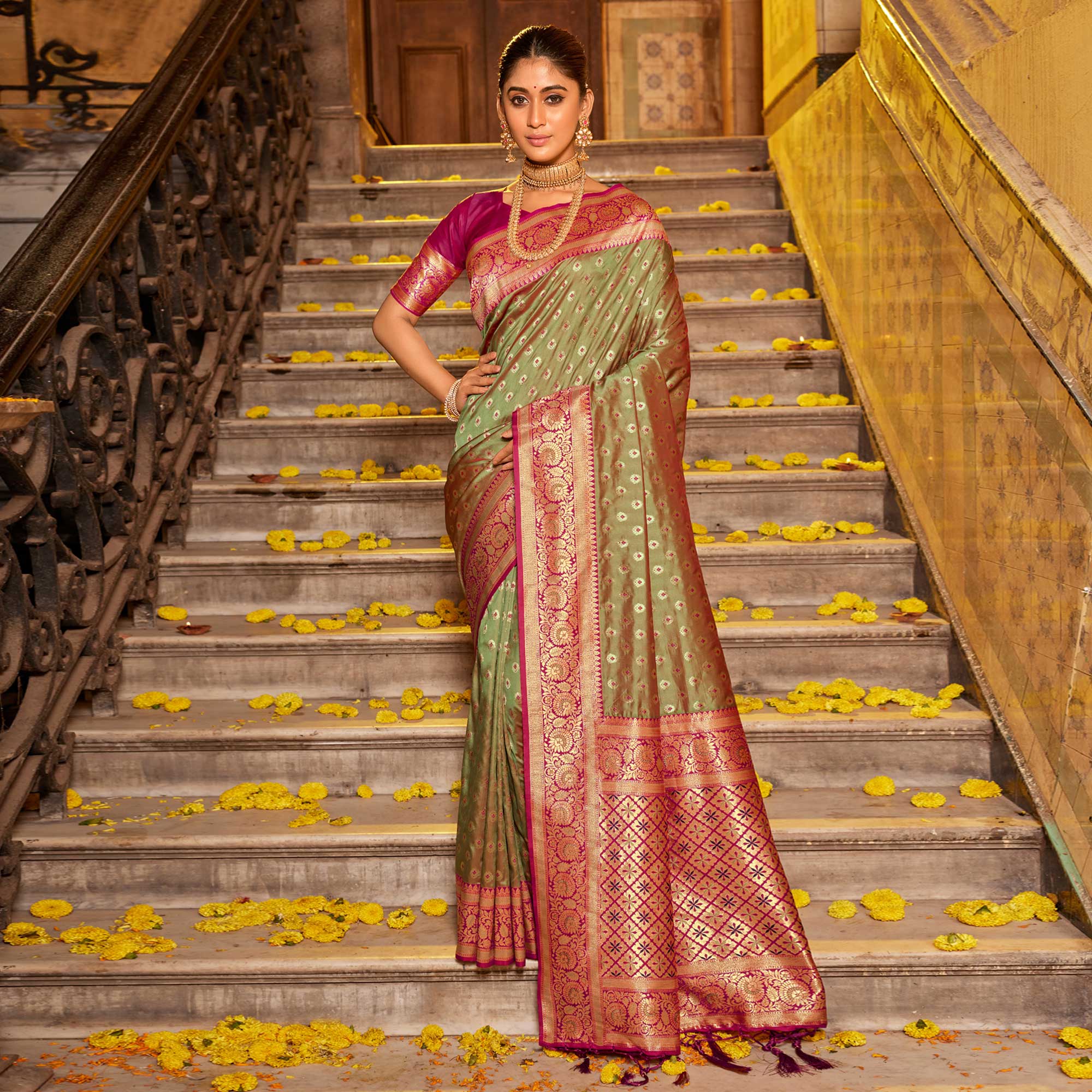 Green Woven Banarasi Silk Saree With Tassels