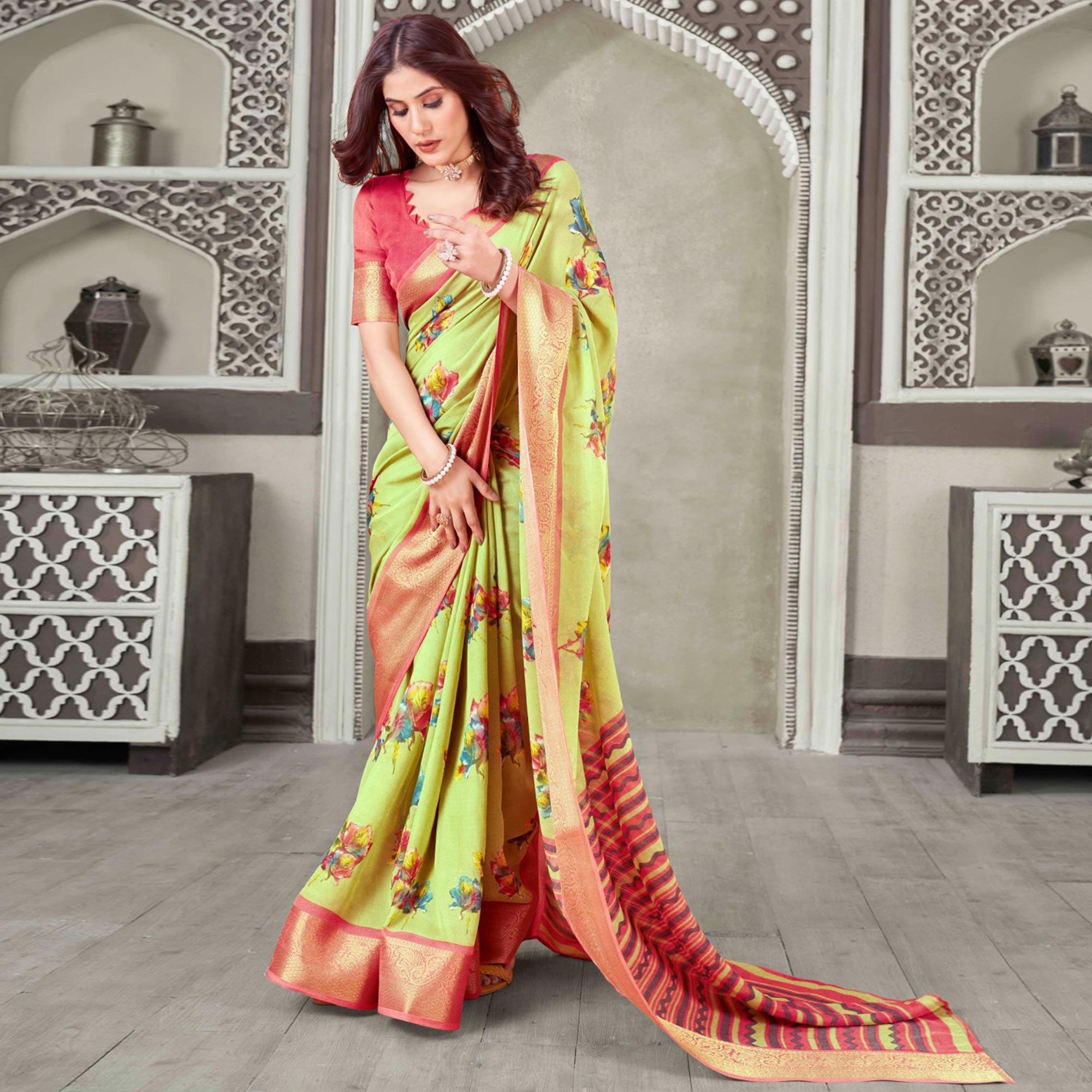 Lemon Green Floral Printed Cotton Blend Saree With Jacquard Border