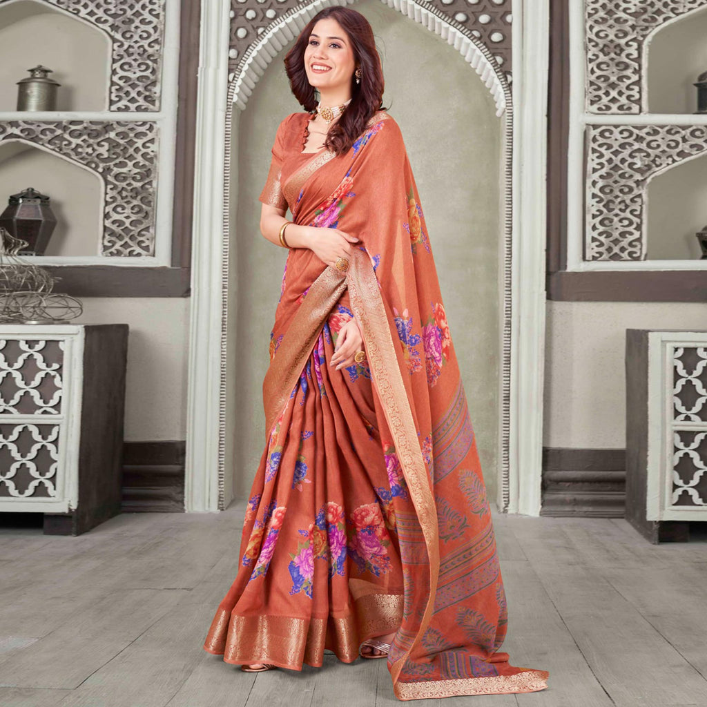 Rustic Red Floral Printed Cotton Blend Saree With Jacquard Border