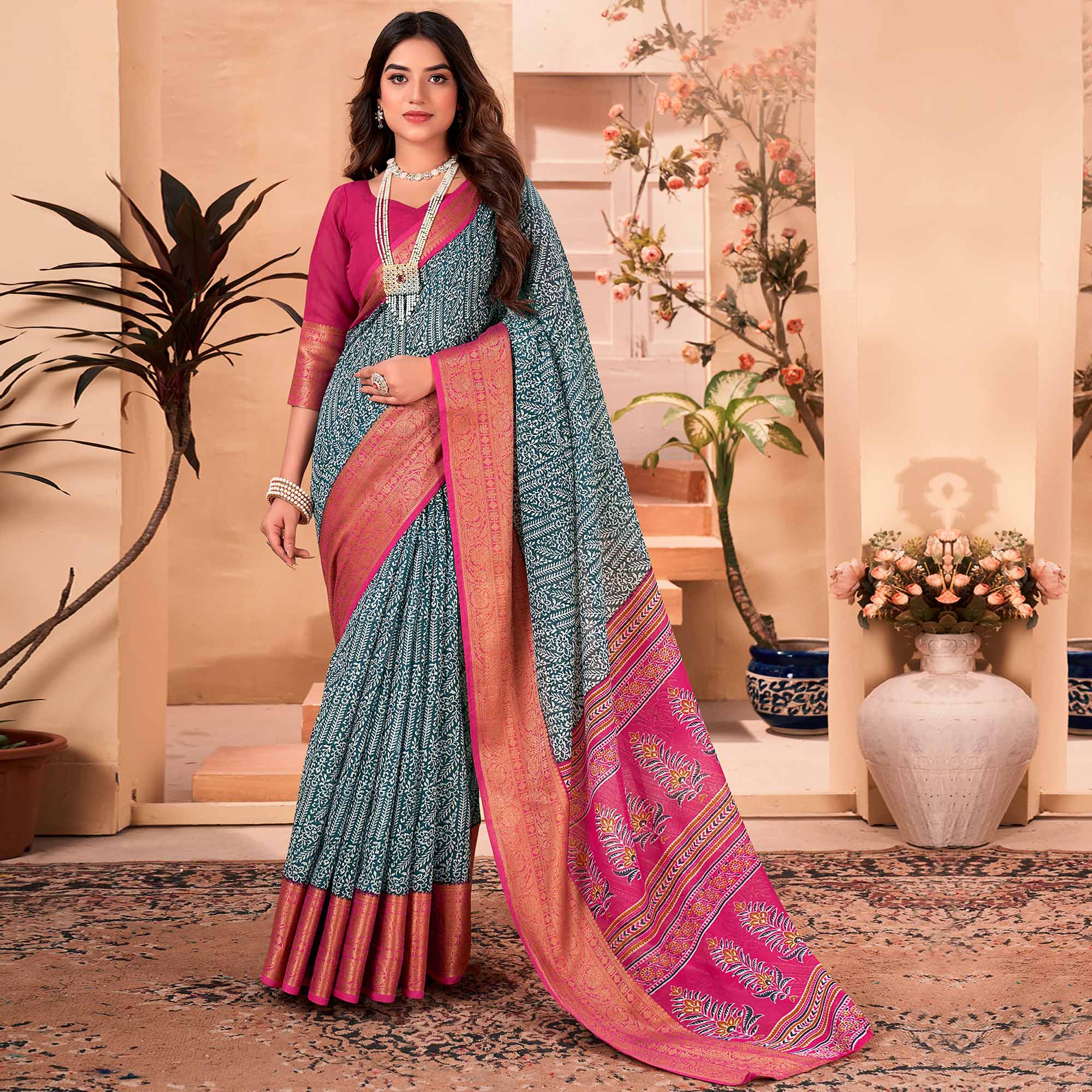 Rama Blue Printed Cotton Blend Saree With Jacquard Border