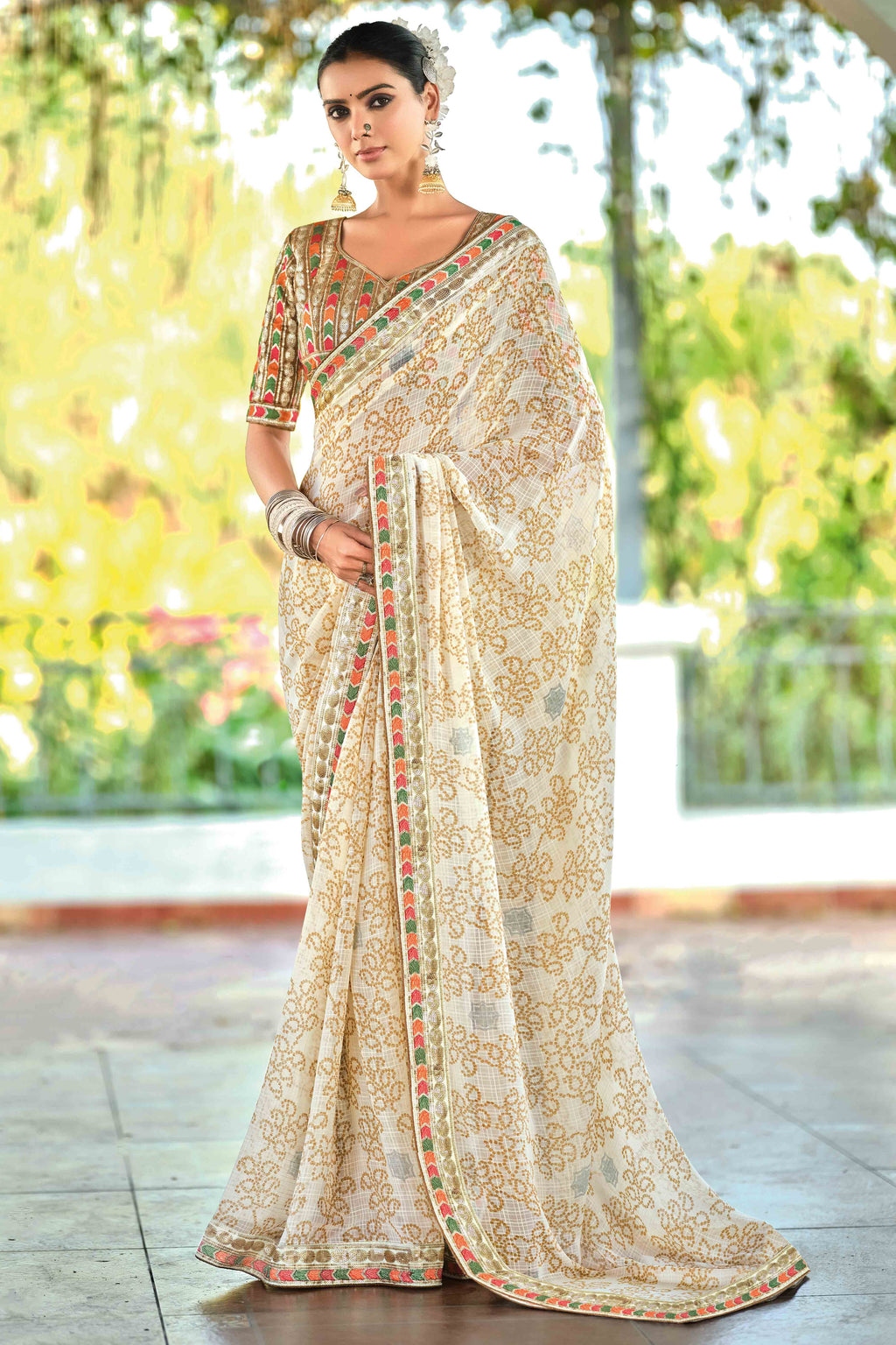 Cream Bandhani Printed Georgette Saree With Glittering Sequin Embroide