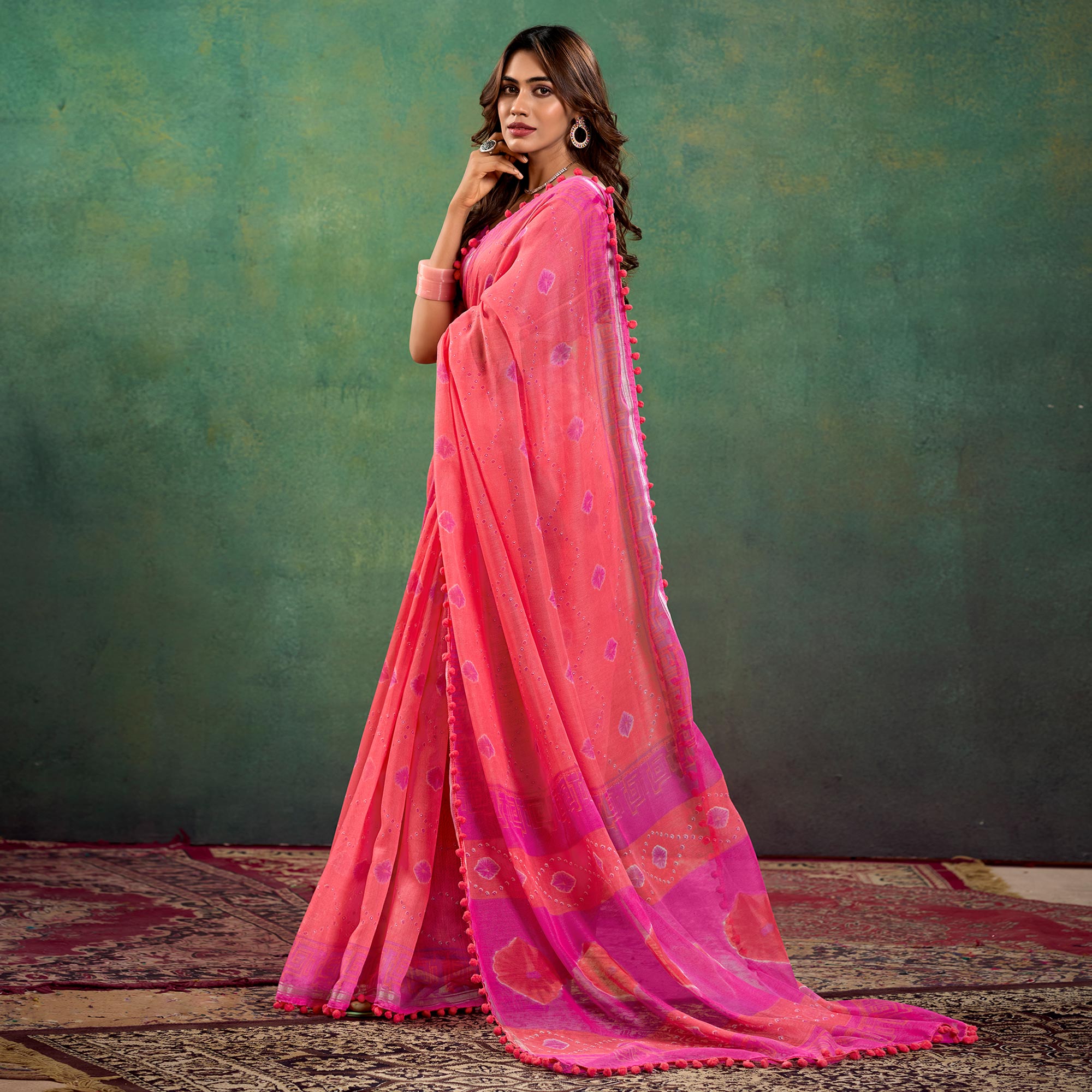 Gajri Pink Ikkat Printed Mul Mul Cotton Saree