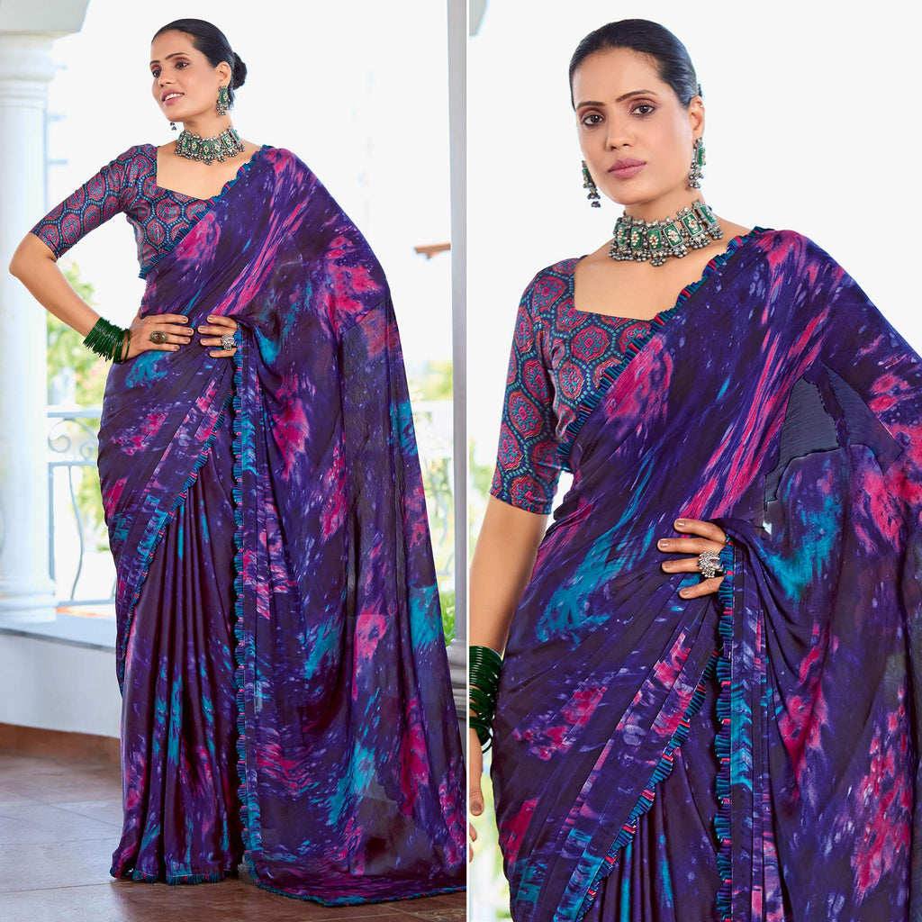 Purple Printed Satin Saree With Frill Border