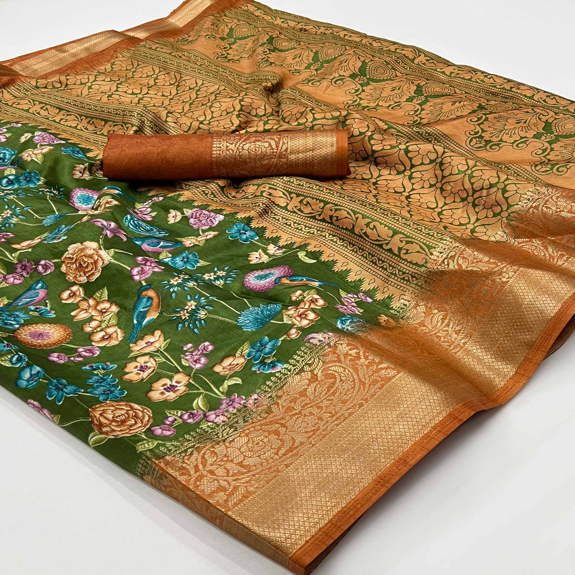 Green Floral Printed Dola Silk Saree