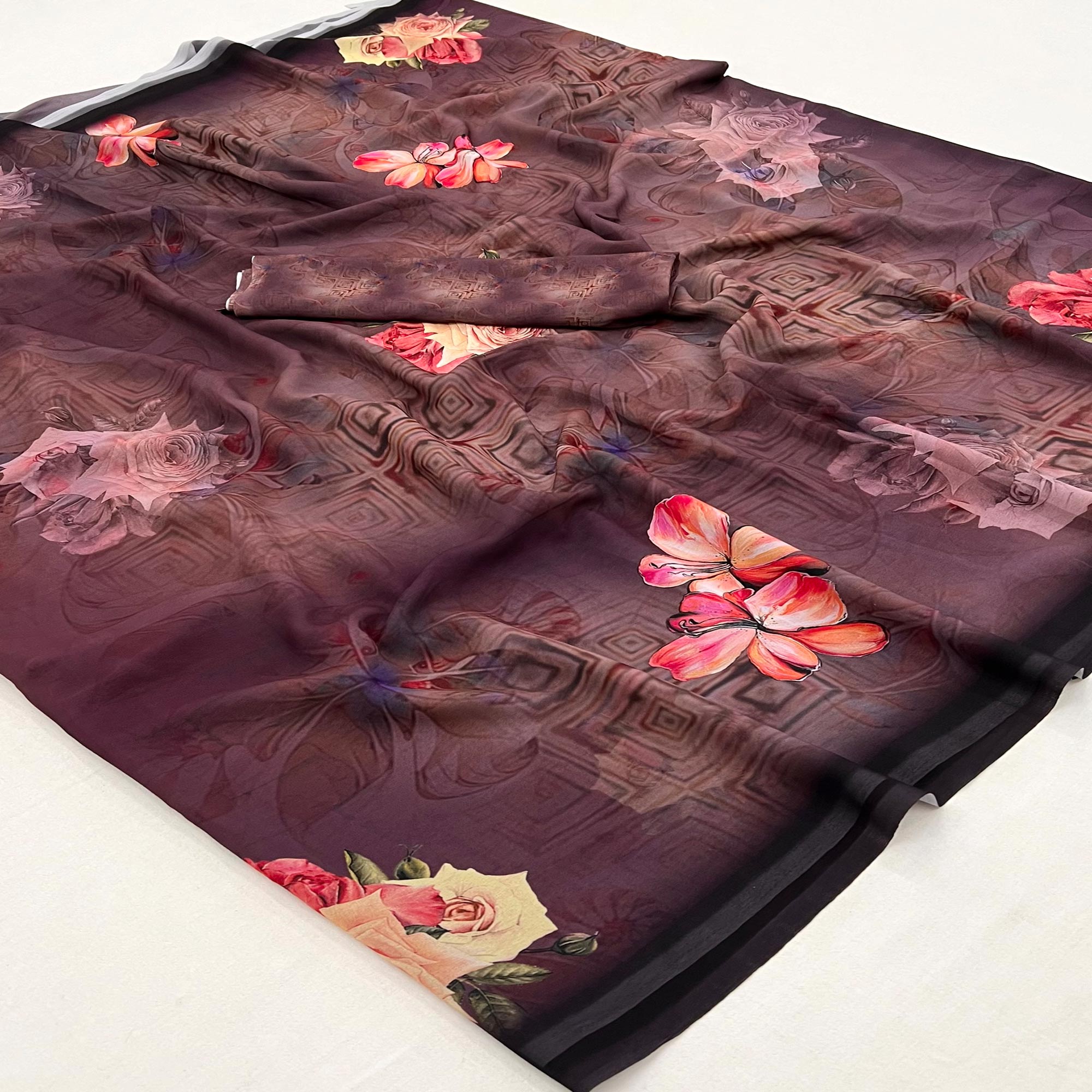 Brown Floral Digital Printed Georgette Saree